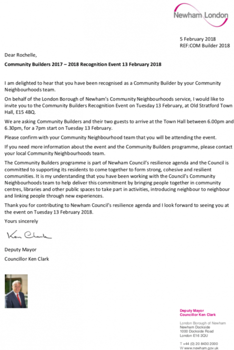 Recognised as a 'Community Builder' by Newham Council - Elle Rock Nutrition
